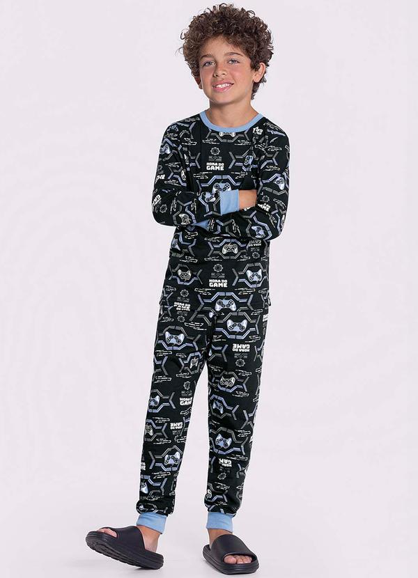 Pijama Longo Menino Estampa Brilha Escuro Preto - Alakazoo