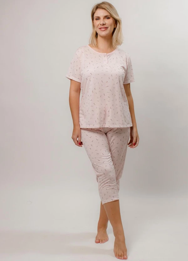 Pijama com Peitilho Calça Capri Floral Rosa - Piante Pijamas
