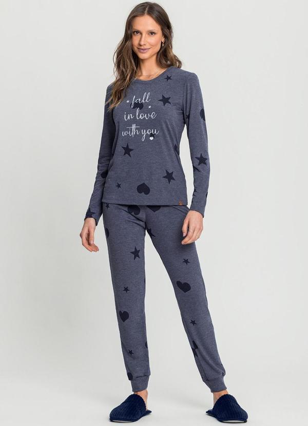 Pijama Feminino Azul Jeans Estampado Azul - Rovitex