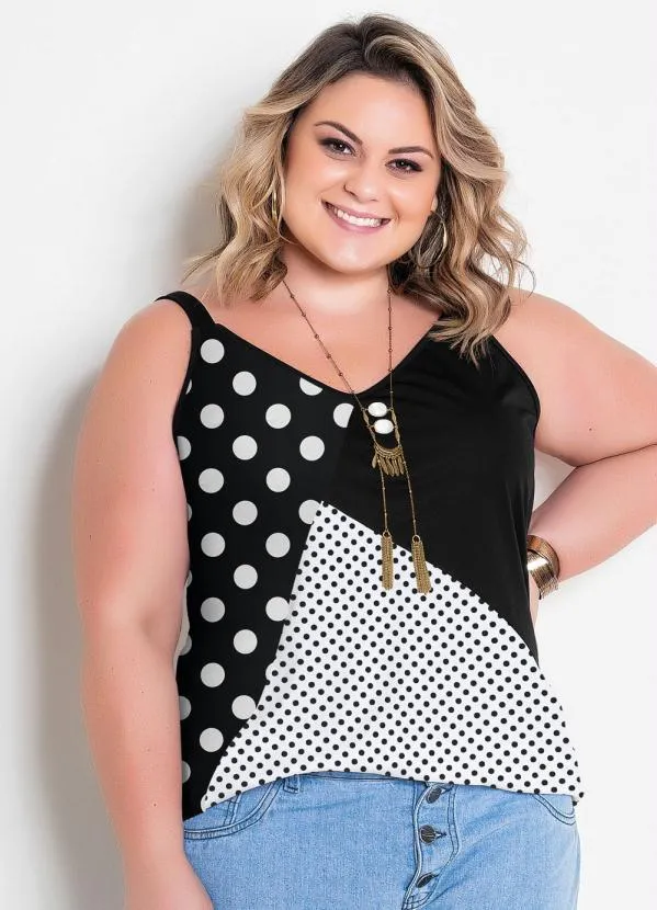 Blusa De Alças Poá Preto E Branco Plus Size Marguerite
