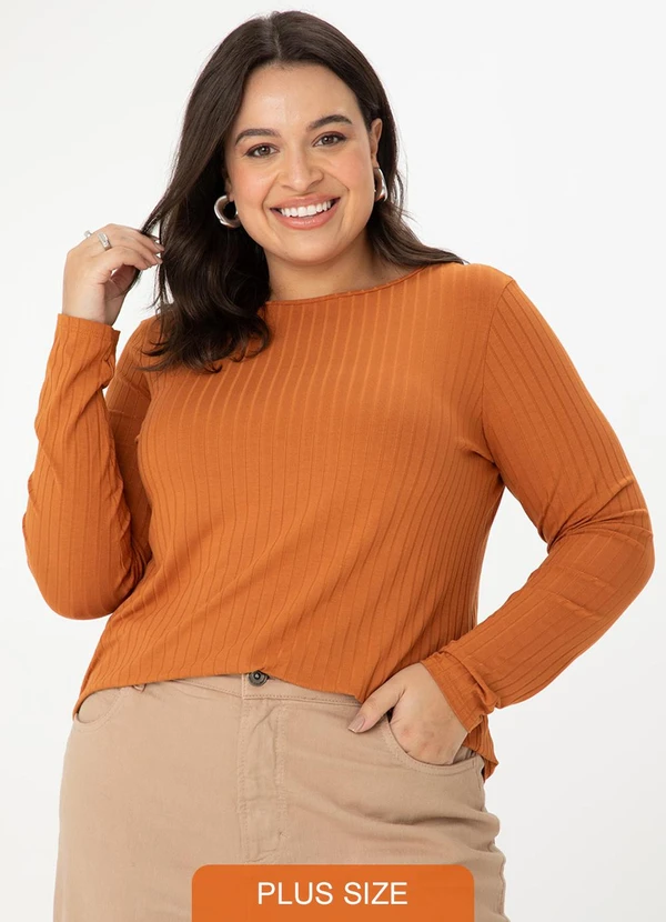 Blusa em Malha Canelada Feminina Plus Marrom - Malwee