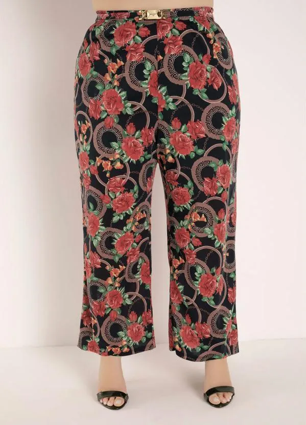 Calça Floral e Arabescos Pantalona Plus Size - Queima de Estoque