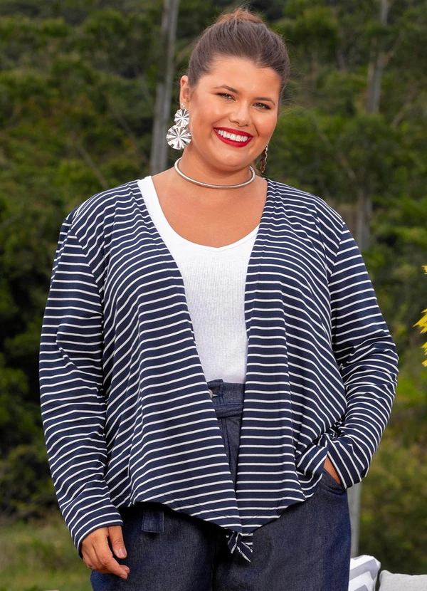 Cardigan Azul Marinho em Malha Listrada - Marguerite
