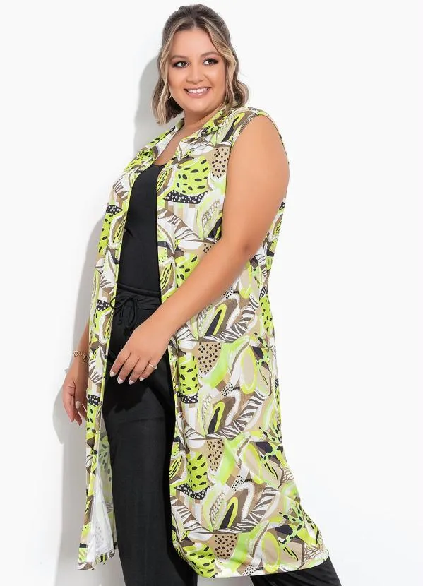 Colete Mix Verde Alongado com Gola Plus Size - Marguerite