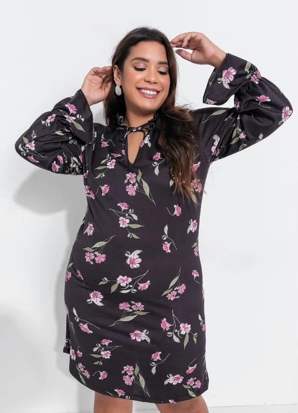 Vestido Plus Size Floral Dark com Gota - Mink