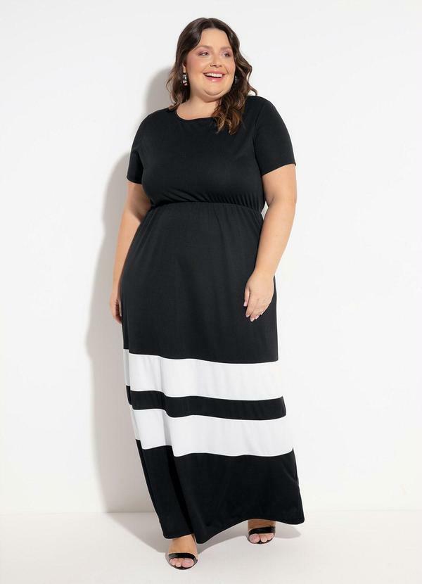 Vestido Preto E Branco Mangas Curtas Plus Size Marguerite
