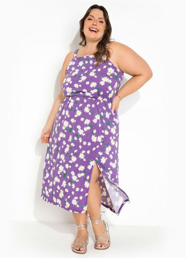 Vestido Floral Roxo Com Fenda Plus Size Marguerite