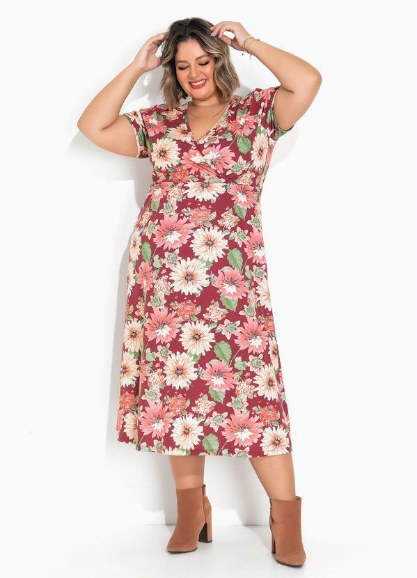 Vestido Transpassado Floral Bordô Plus Size Marguerite
