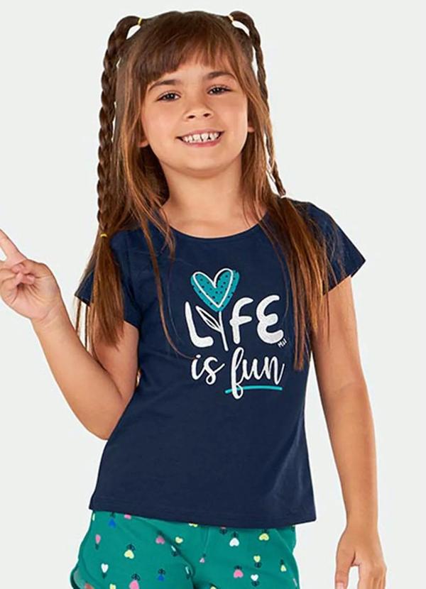 Blusa Manga Curta Malha Menina Azul - Marisol