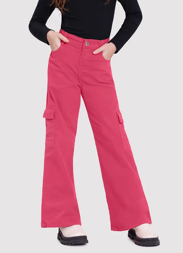 Calça Sarja Wide Leg Infantil Menina Cargo Rosa - Alakazoo