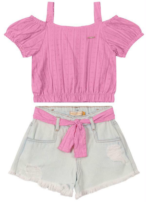 Conjunto Cropped em Plumetiz Menina Rosa - Carinhoso
