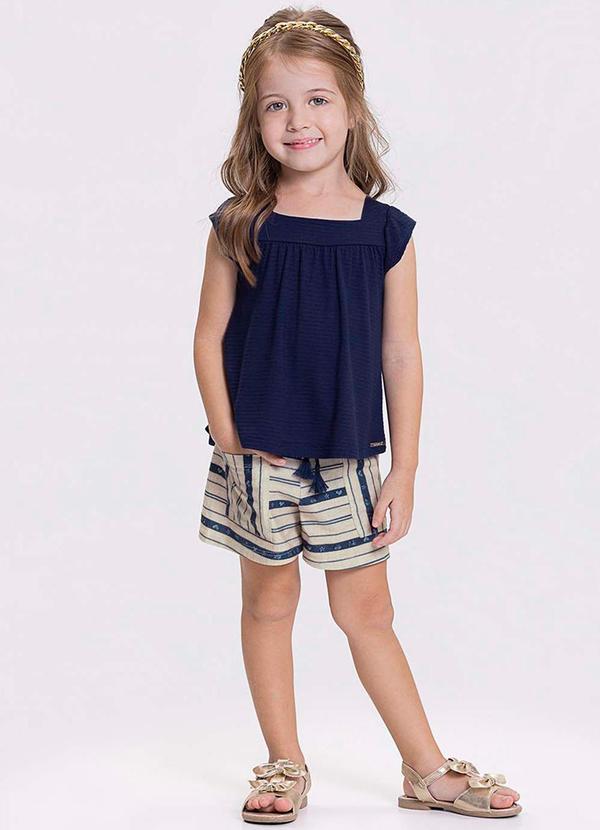 Conjunto Menina Blusa Bata Shorts Estampado Bege - Alakazoo