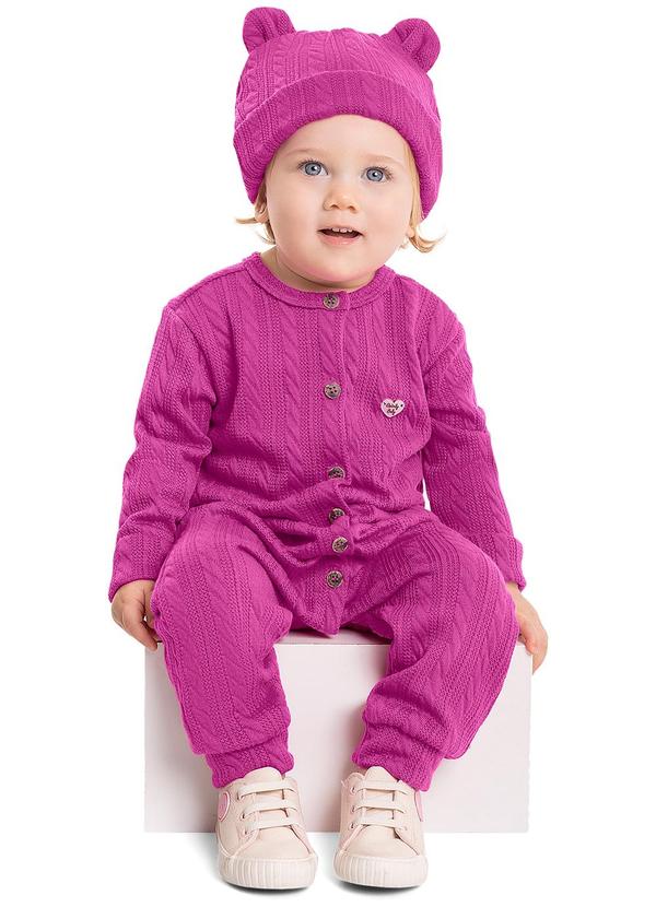 Macacão e Touca Tricô Bebê Menina Rosa - Quimby