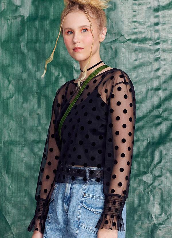 Blusa de Tule com Poá de Veludo Preto - TexBrands