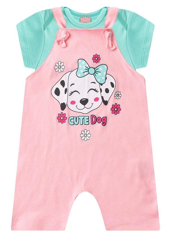 Jardineira + Body Bebê Menina Cute Dog Rosa - Rosa Azul