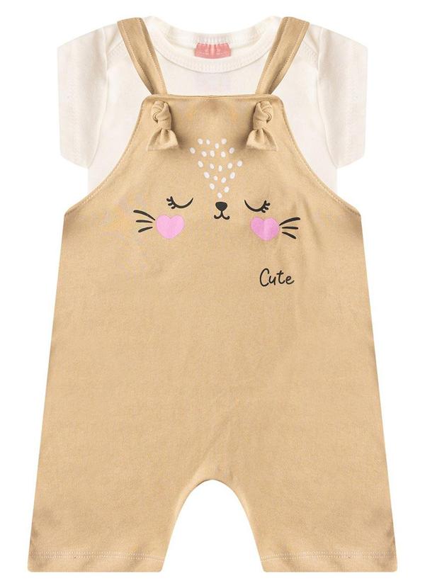 Jardineira + Body Bebê Menina Gatinha Marrom - Rosa Azul