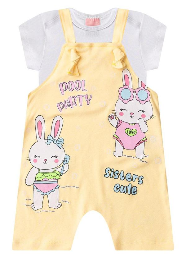Jardineira + Body Bebê Menina Pool Party Amarelo - Rosa Azul