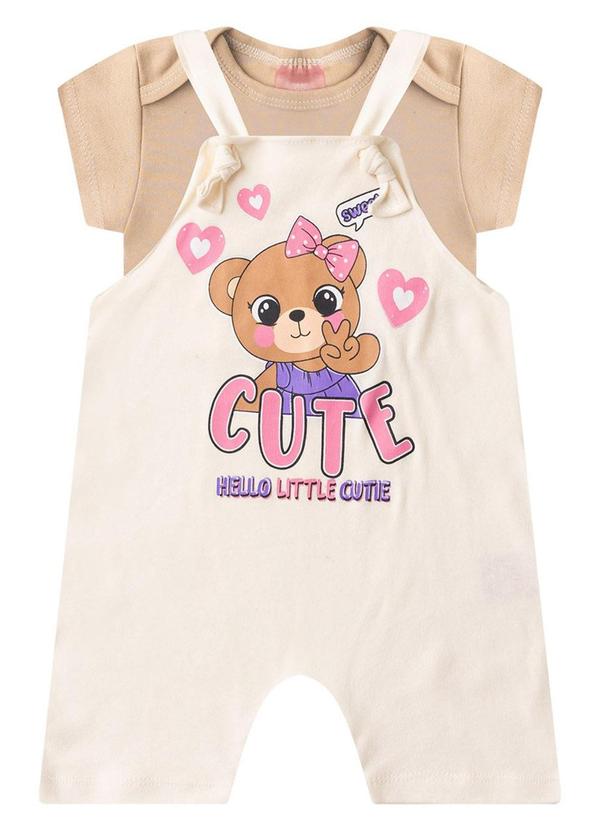 Jardineira + Body Bebê Menina Ursinho Off White - Rosa Azul