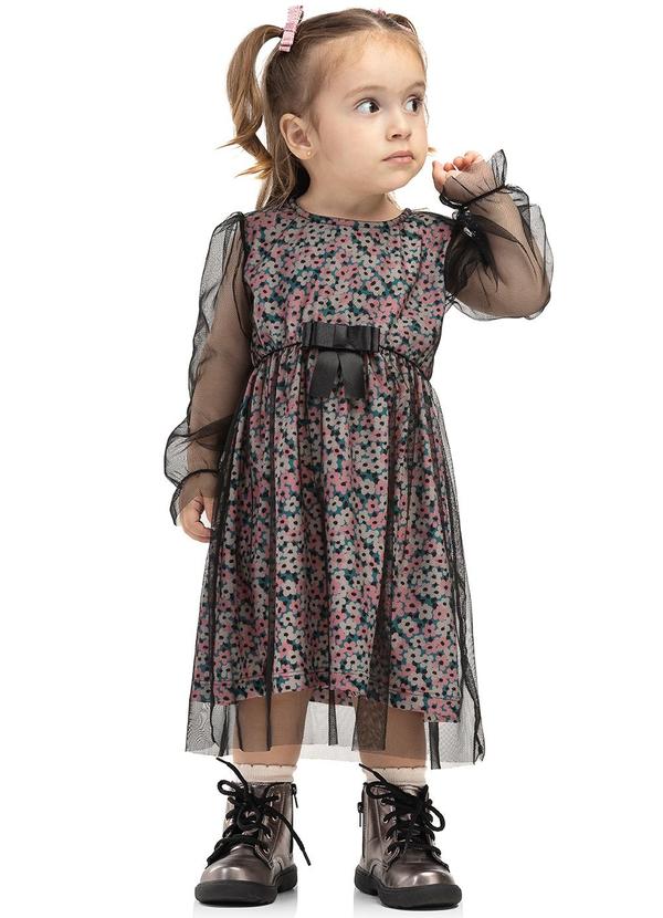Vestido em Tule e Jacquard Estampado Preto - Alekids