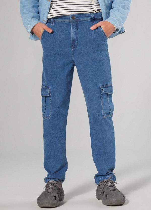 Calça Jeans Juvenil Masculina Reta Cargo Azul - Sun Place