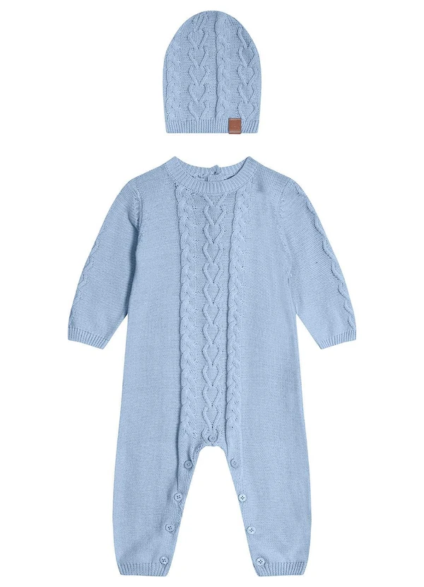 Conjunto Macacão e Touca em Tricô Menino Azul - Carinhoso
